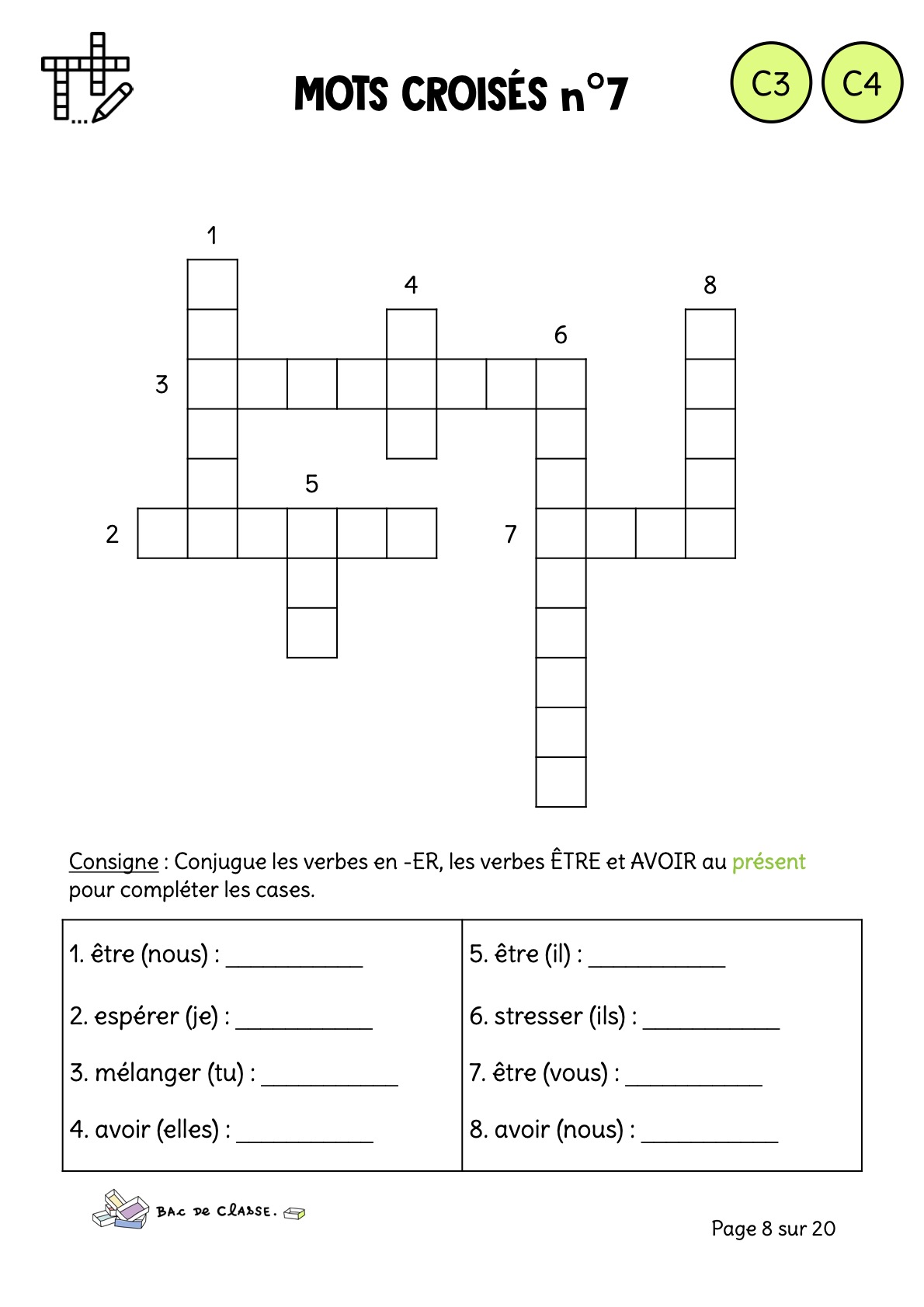 Conjugaison – les mots croisés – Bac de classe
