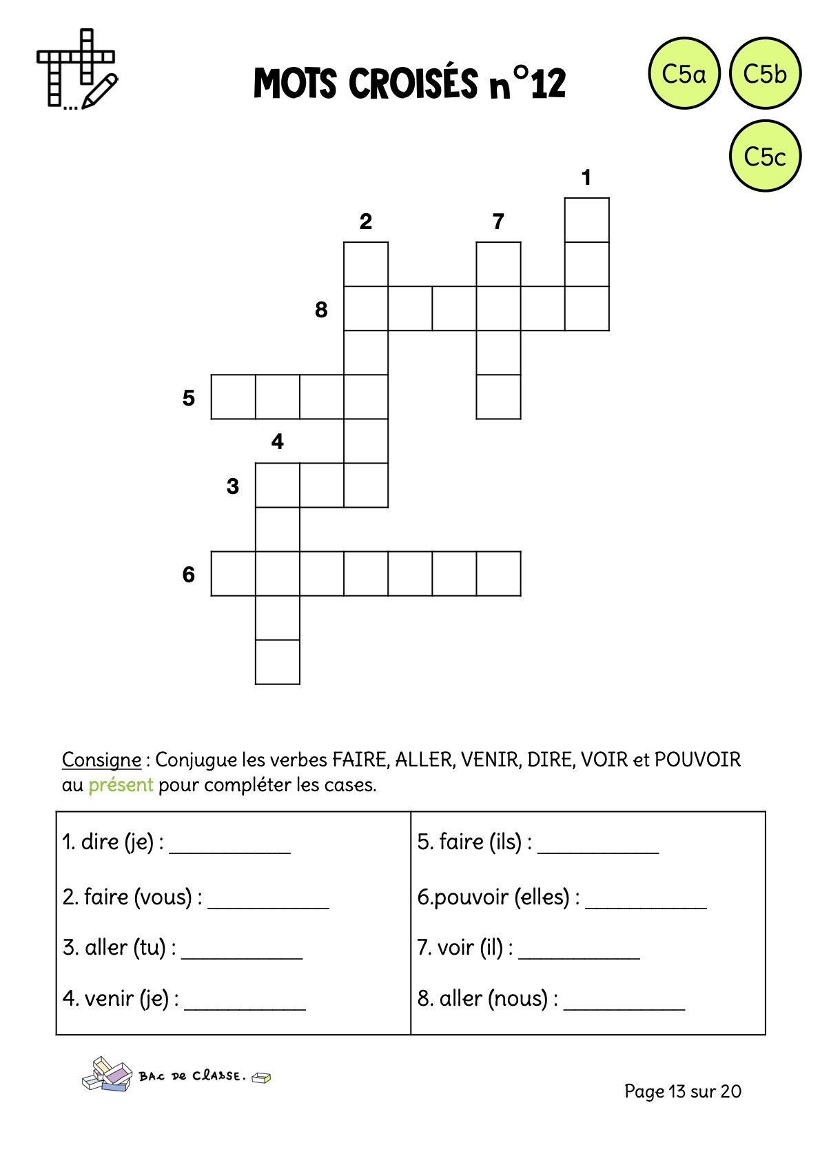 Conjugaison – les mots croisés – Bac de classe
