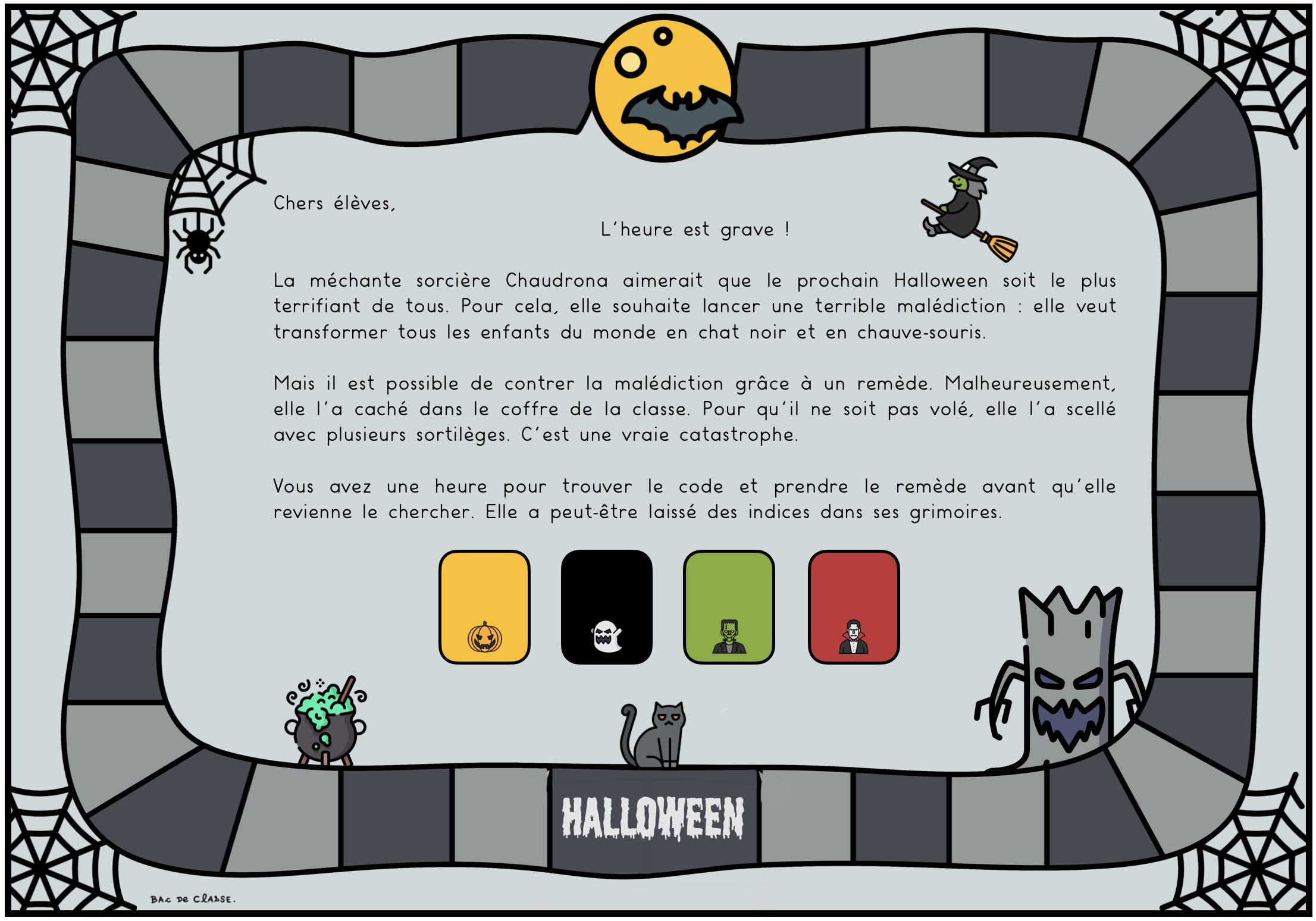 ESCAPE GAME CP/CE1/CE2/CM – Halloween – Bac de classe